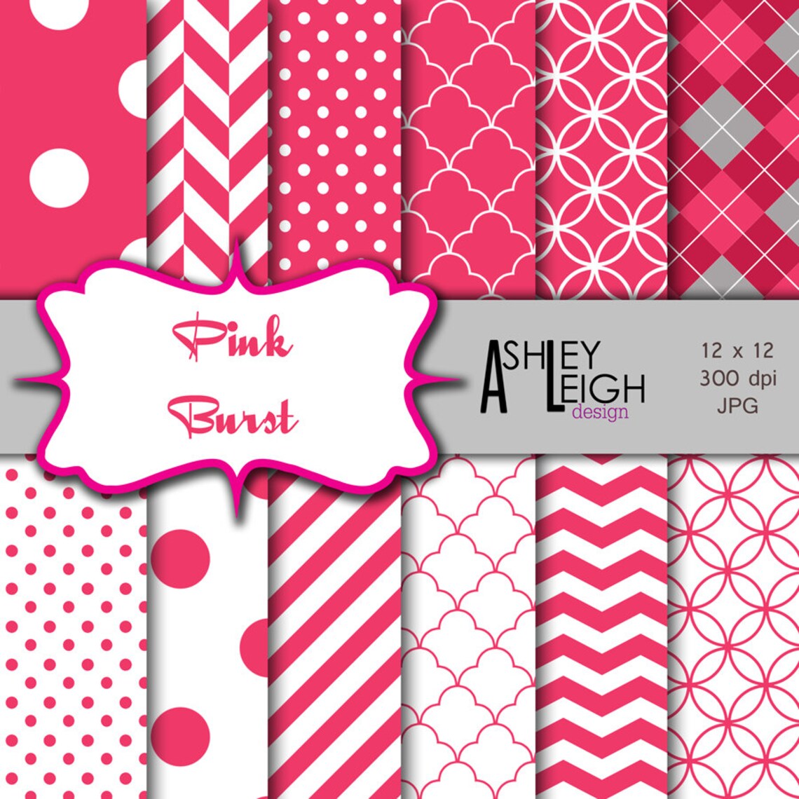 Pink Digital Paper. Chevron Herringbone Dots Stripes Quatrefoil Plaid ...