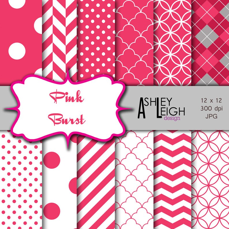 Pink Digital Paper. Chevron Herringbone Dots Stripes Quatrefoil Plaid ...