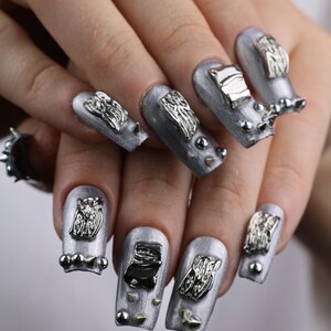 Silver Metallic Press on Nails. Metallic Press Ons. Press on Nails With Charms. - Etsy