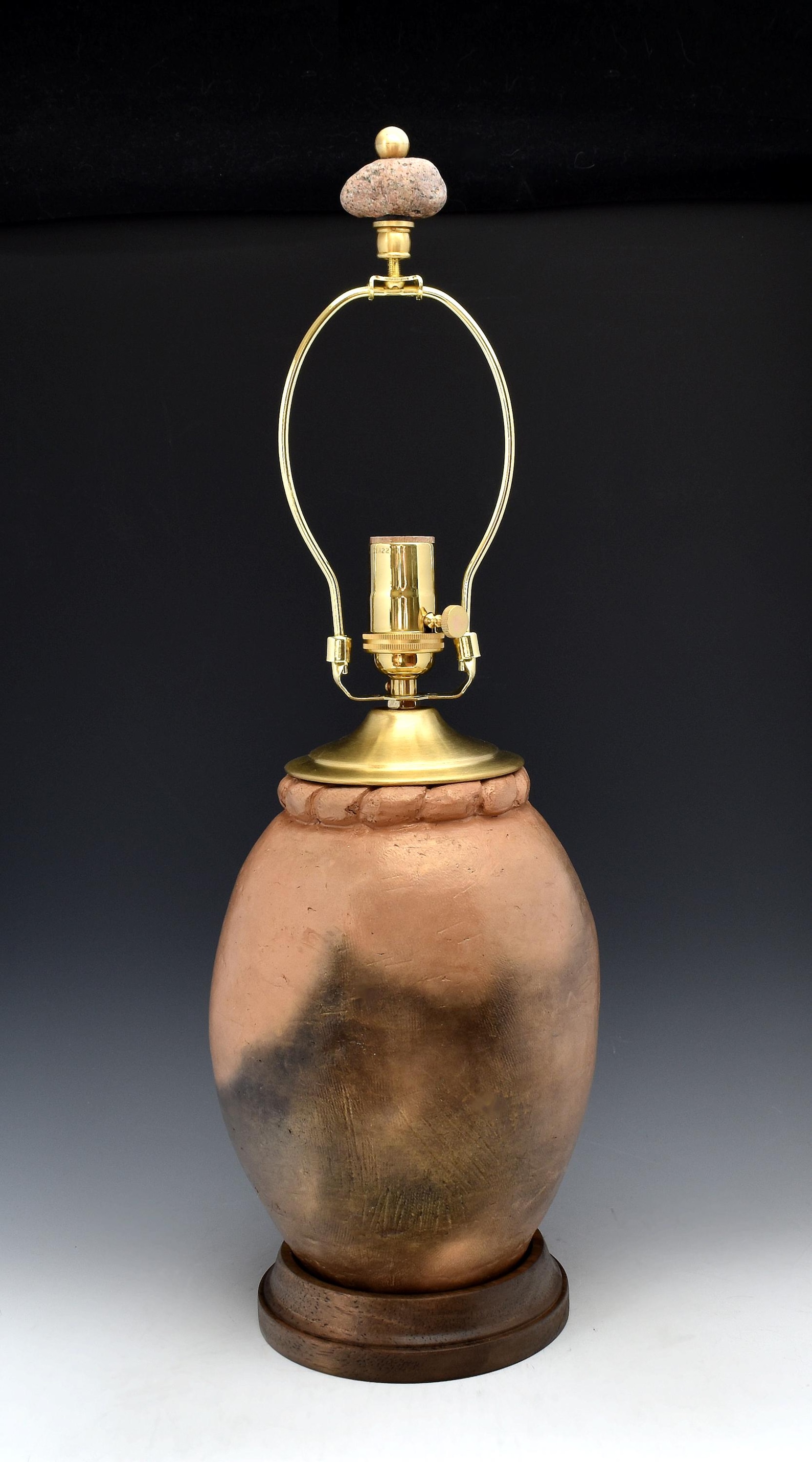 Table Lamp Pit Fired Stoneware Linen Shade Brass Hardware, Beach Stone ...