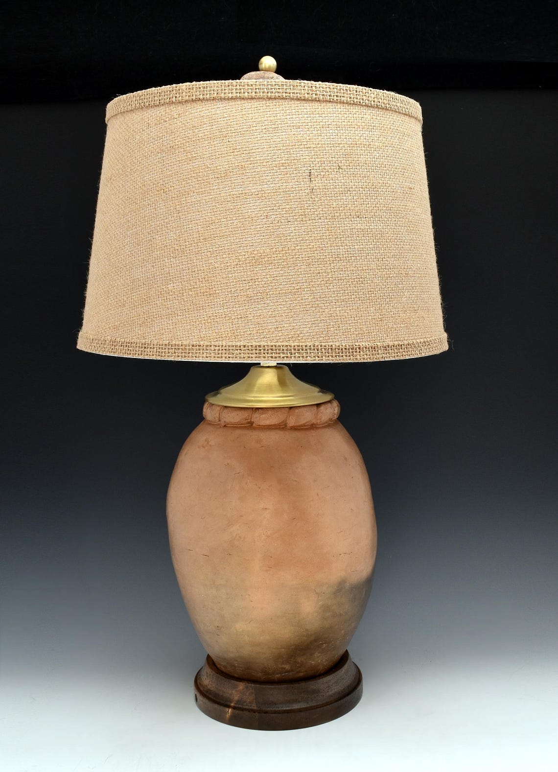 Table Lamp Pit Fired Stoneware Linen Shade Brass Hardware, Beach Stone ...
