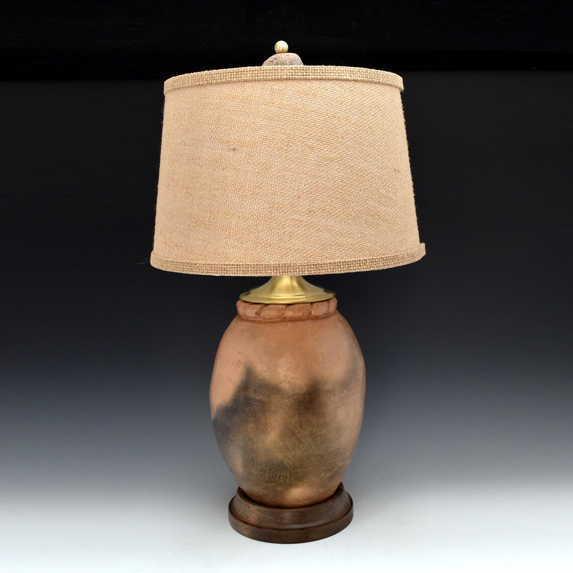 Table Lamp Pit Fired Stoneware Linen Shade Brass Hardware, Beach Stone ...