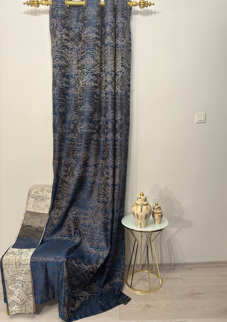 Luxury Navy Blue and Gold Curtains, Curtains for Living Room, Custom ...