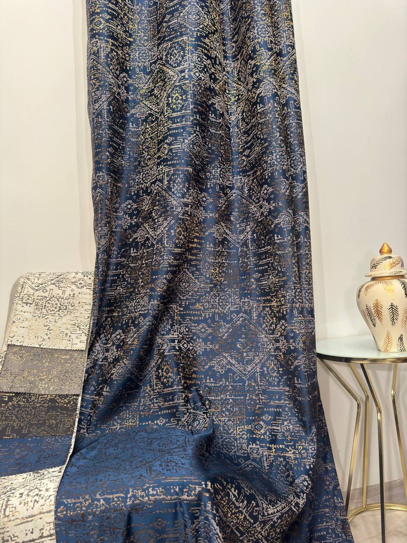 Luxury Navy Blue and Gold Curtains, Curtains for Living Room, Custom ...