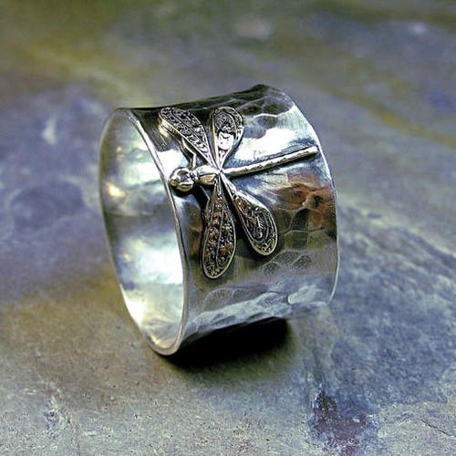 Sterling Silver Dragonfly Ring Wide Band Nature Jewelry Art - Etsy