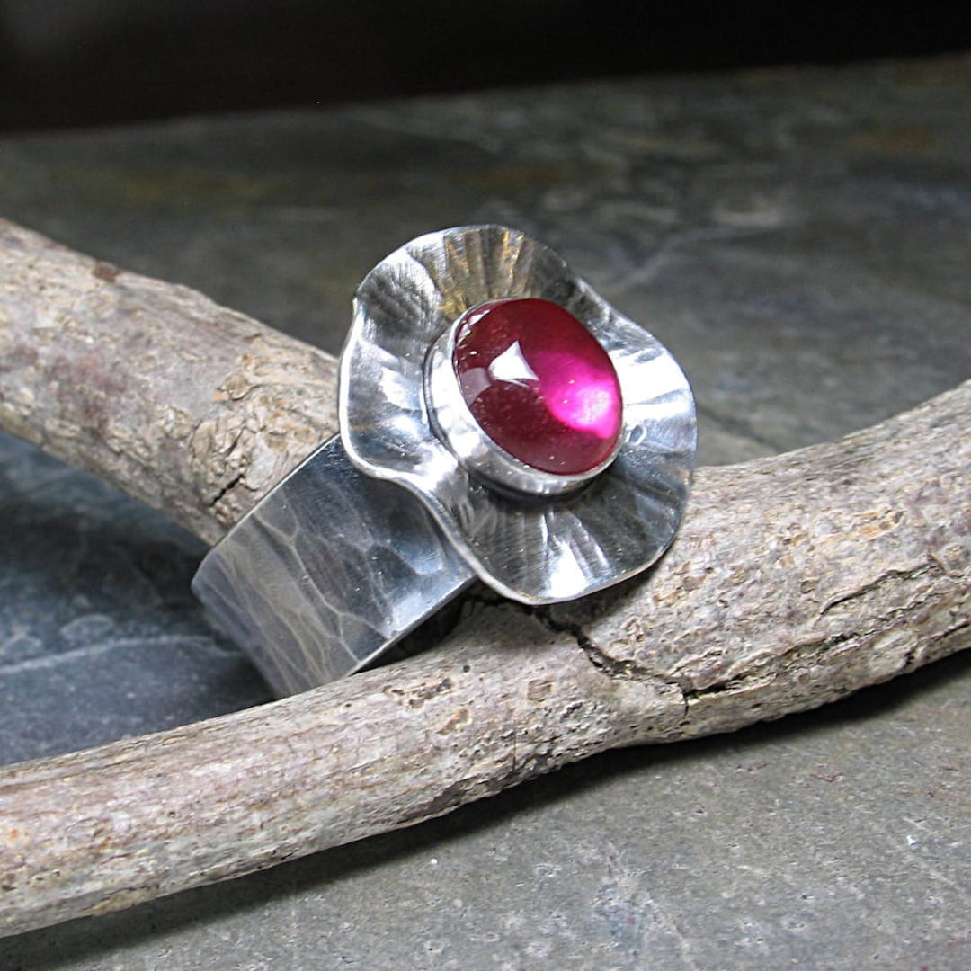Flower Ring, Poppy Flower, Sterling Silver Wide Band, Ruby Ring ...