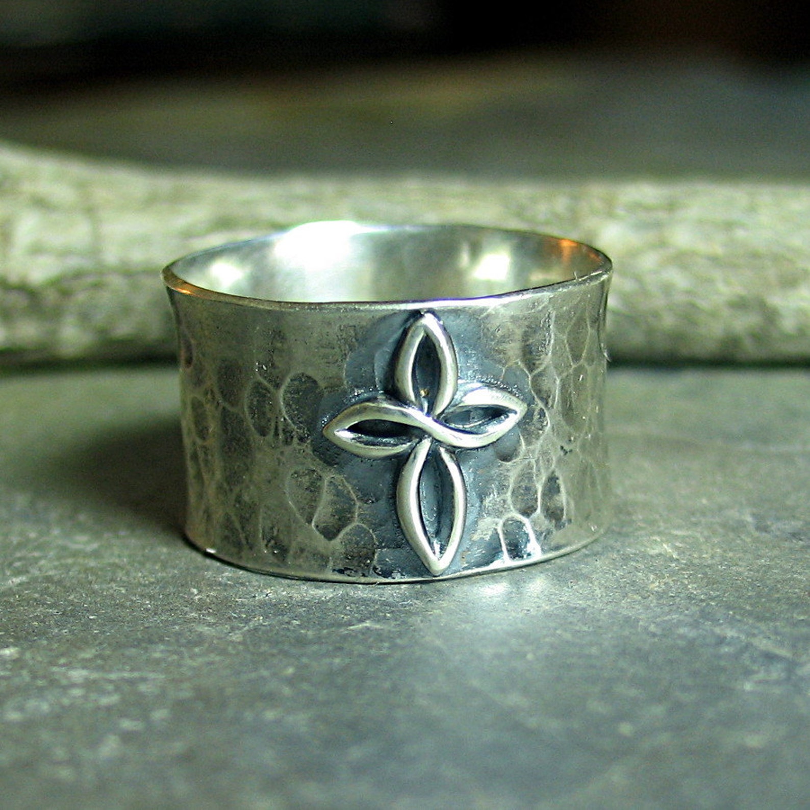 Cross Ring Sterling Silver Wide Band Hammered Christian - Etsy