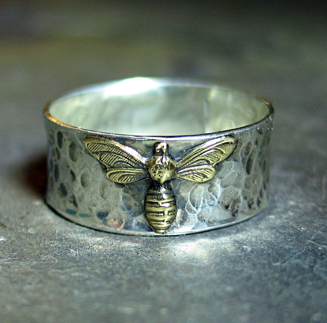Bee Ring Honeybee Bumblebee Cottagecore Sterling Silver Wide Band ...