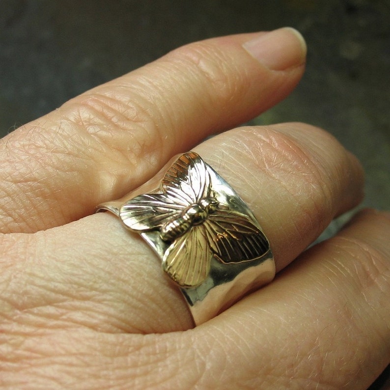 Butterfly Ring, Sterling Silver Wide Band, Brass, Gold Color - on ...