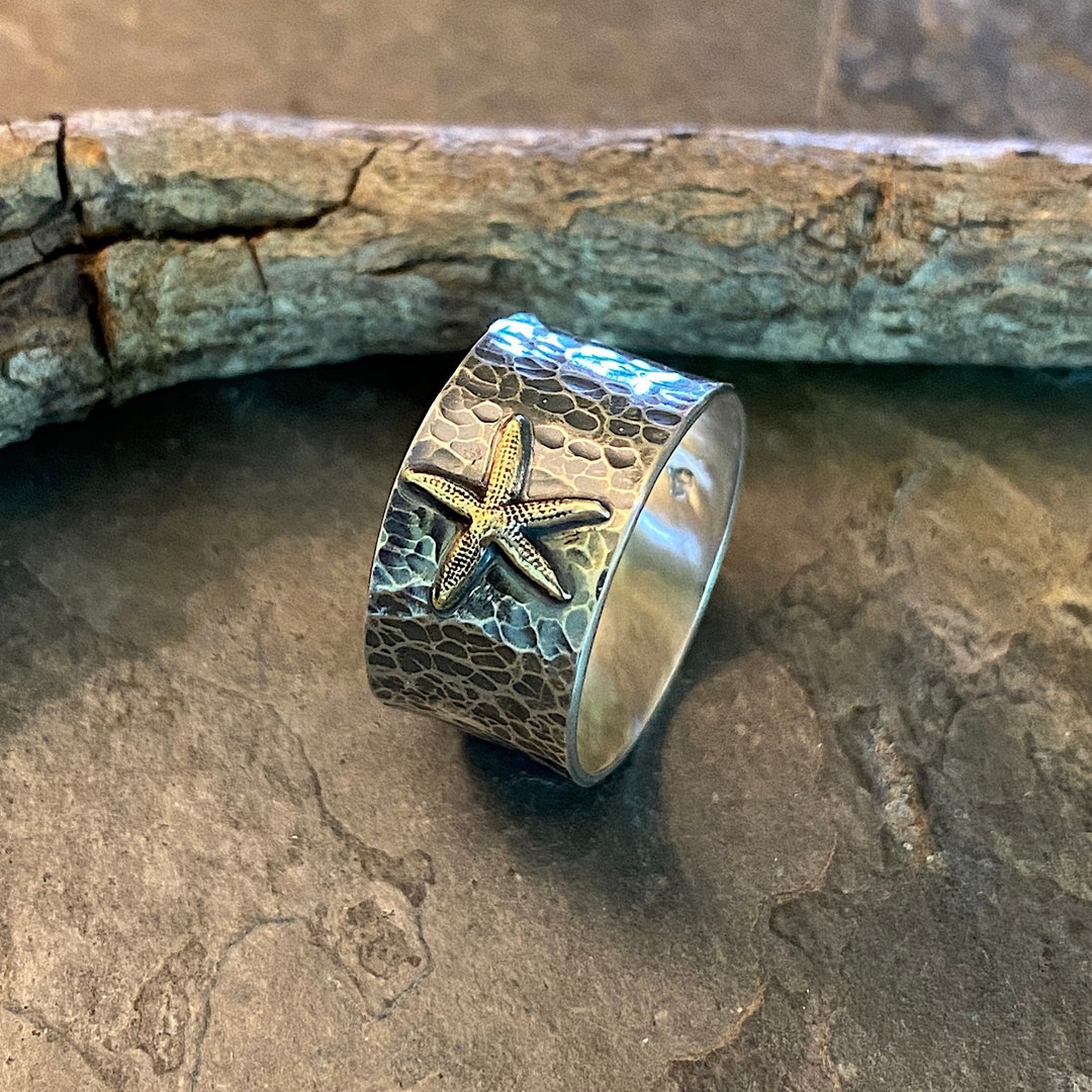Starfish Ring Sterling Silver Summer Jewelry Rustic Wide Band ...