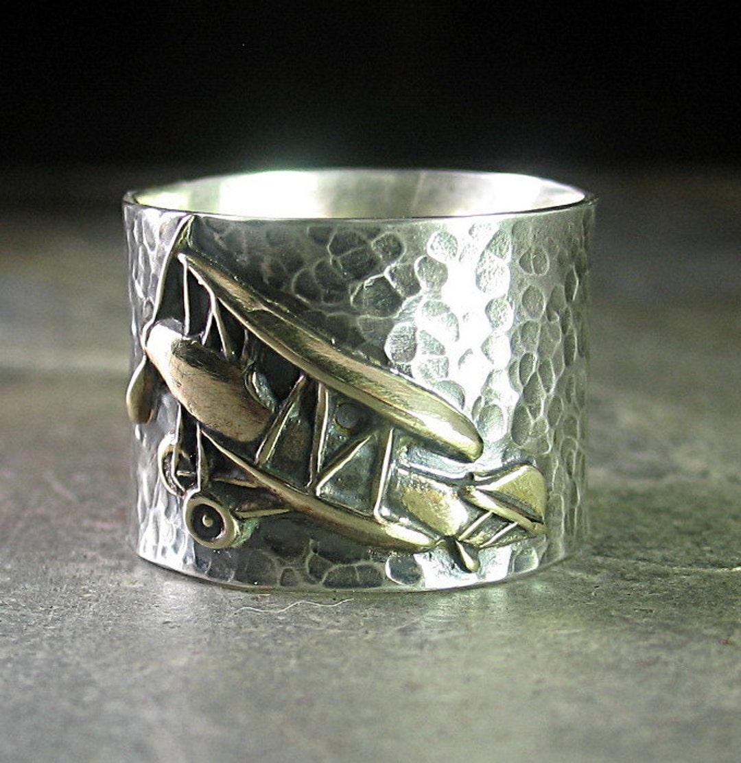 Aviation Ring Pilot Ring Airplane Biplane Sterling Silver Brass Flying ...