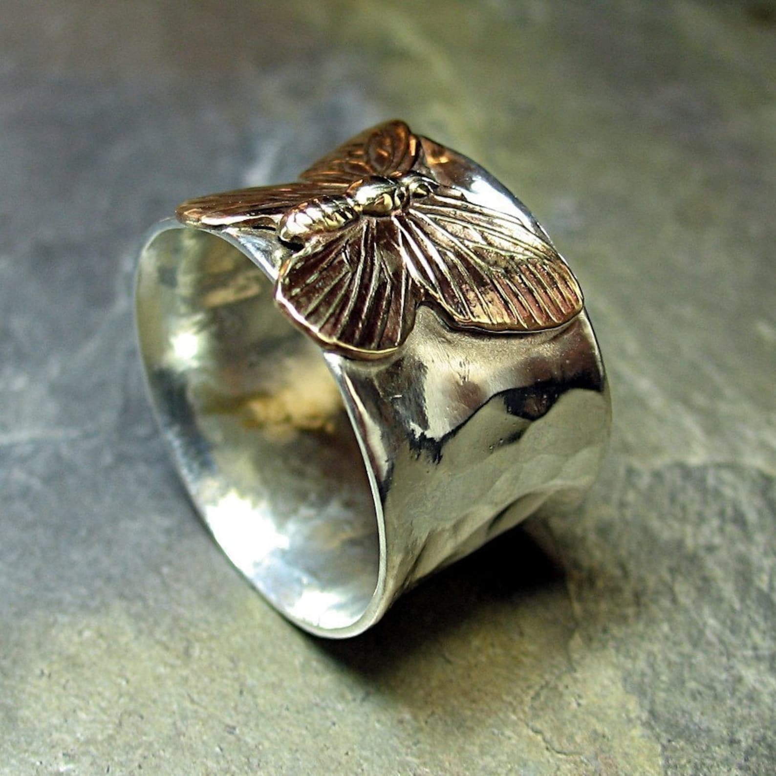 Butterfly Ring, Sterling Silver Wide Band, Brass, Gold Color - on ...