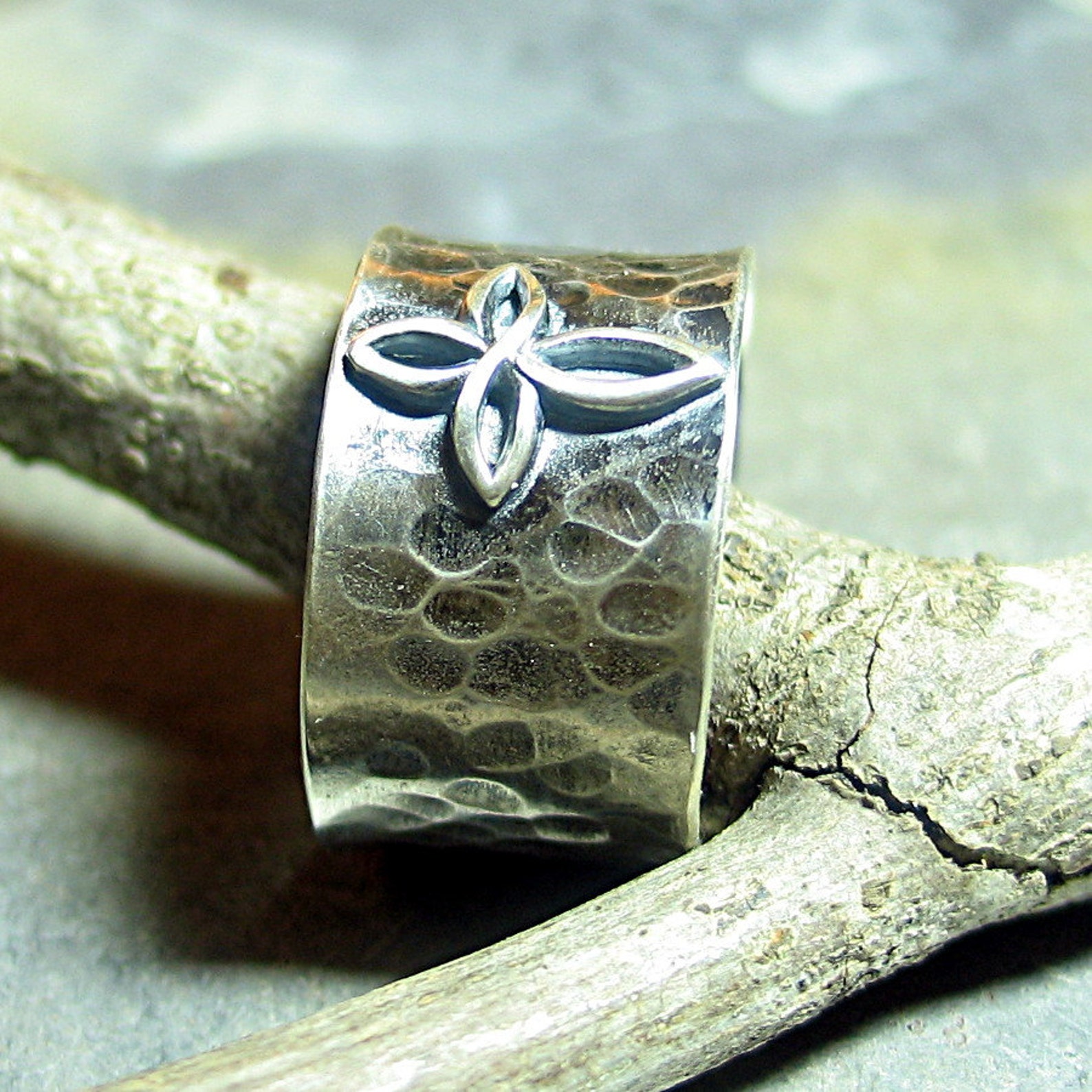Cross Ring Sterling Silver Wide Band Hammered Christian - Etsy