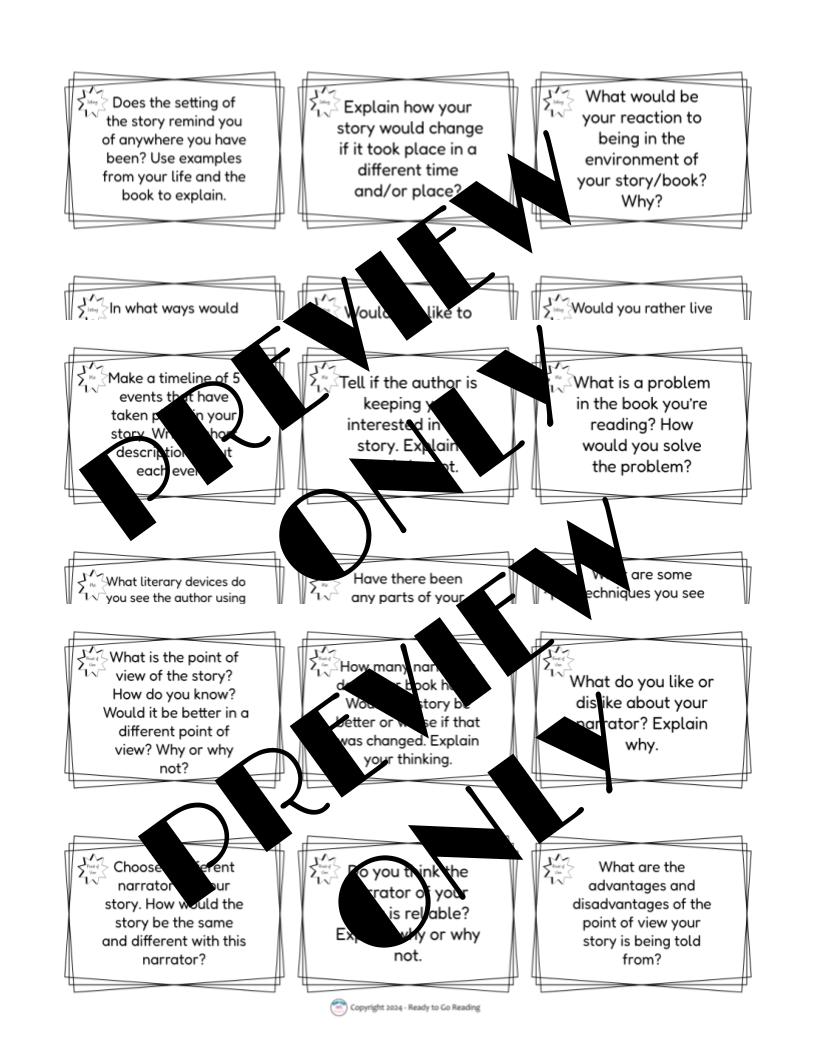 Reading Comprehension Task Cards For Class Novels Book Clubs Or