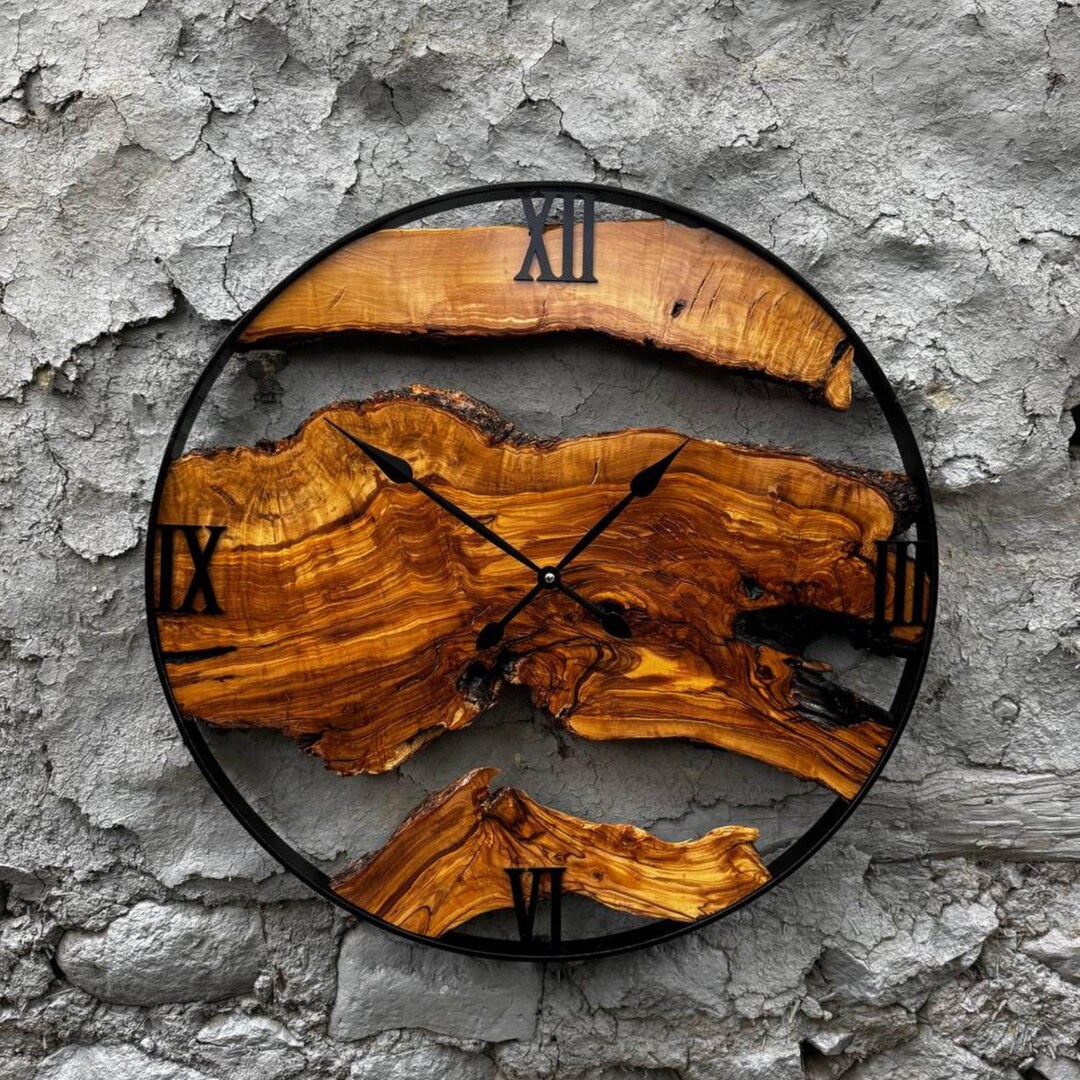 Unique Gift, Live Edge Rustic Clock, Made to Order Metal & Olive Wood ...