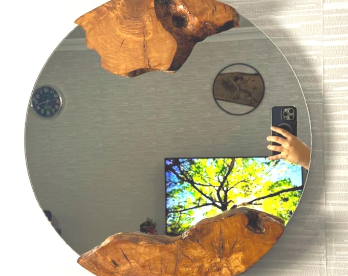 Live Edge Round Mirror, Handmade Wooden Mirror, Natural Wood Wall ...