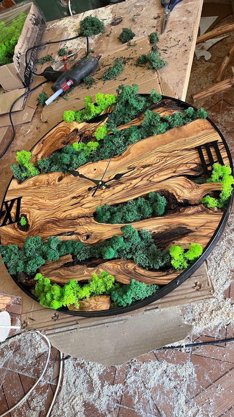 Custom Moss Olive Wood Wall Clock, Live Moss Wooden Wall Art, Preserved ...