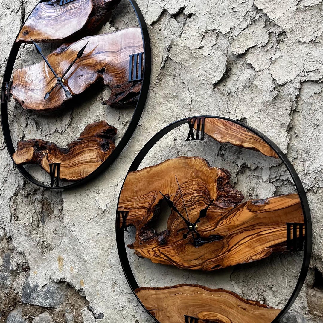 Large Wall Clock, Made to Order Metal & Olive Wood Wall Clock ...