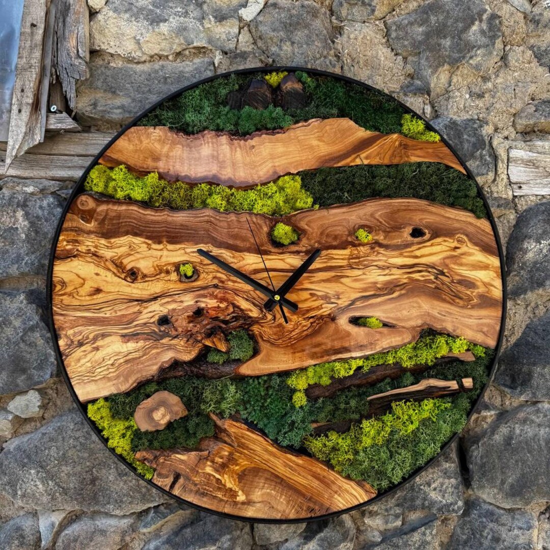 Unique Wall Clock Made to Order, Olive Wood and Moss Wall Decor, Wood ...