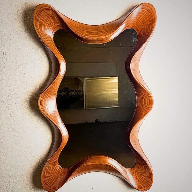 Wooden Framed Wavy Wall Mirror, Asymmetric Mirror, Irregular Mirror ...