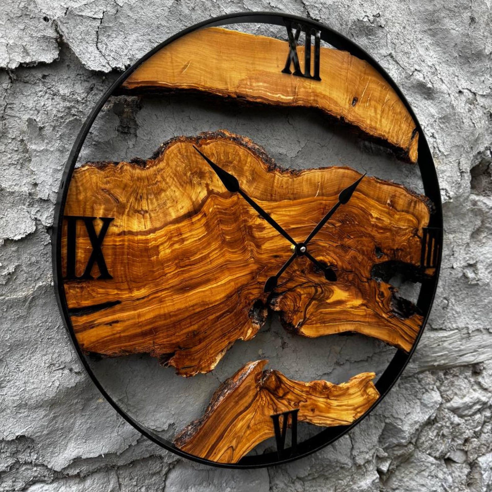 Unique Gift, Live Edge Rustic Clock, Made to Order Metal & Olive Wood ...