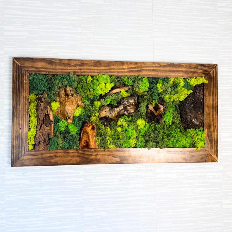 Moss Wall Decor With Wooden Frame, Olive Wood and Moss Wall Art, Custom ...