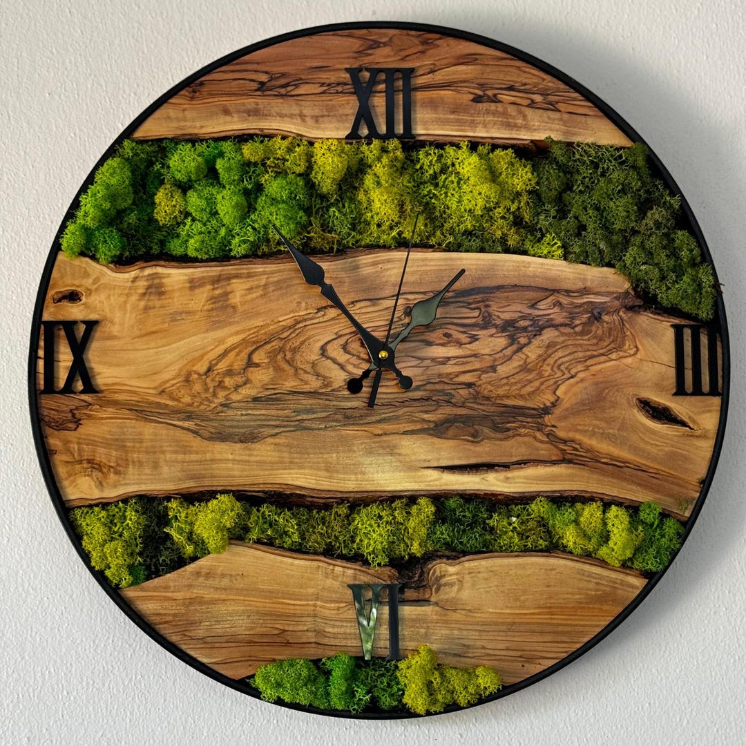 Custom Moss Olive Wood Wall Clock, Moss Wall Clock, Olive Wooden Wall ...