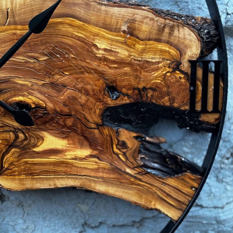 Unique Gift, Live Edge Rustic Clock, Made to Order Metal & Olive Wood ...