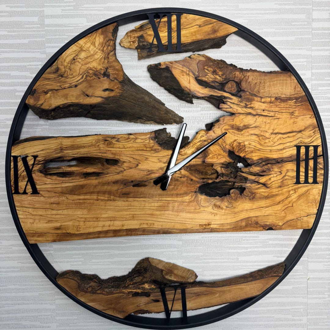 Custom Made Metal & Olive Wood Wall Clock, Olive Wooden Rustic Wall ...
