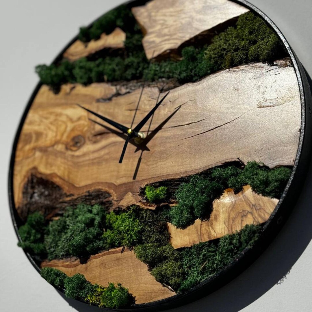 Olive Wood and Moss Big Wall Clock, Metal and Olive Wooden Wall Clock ...