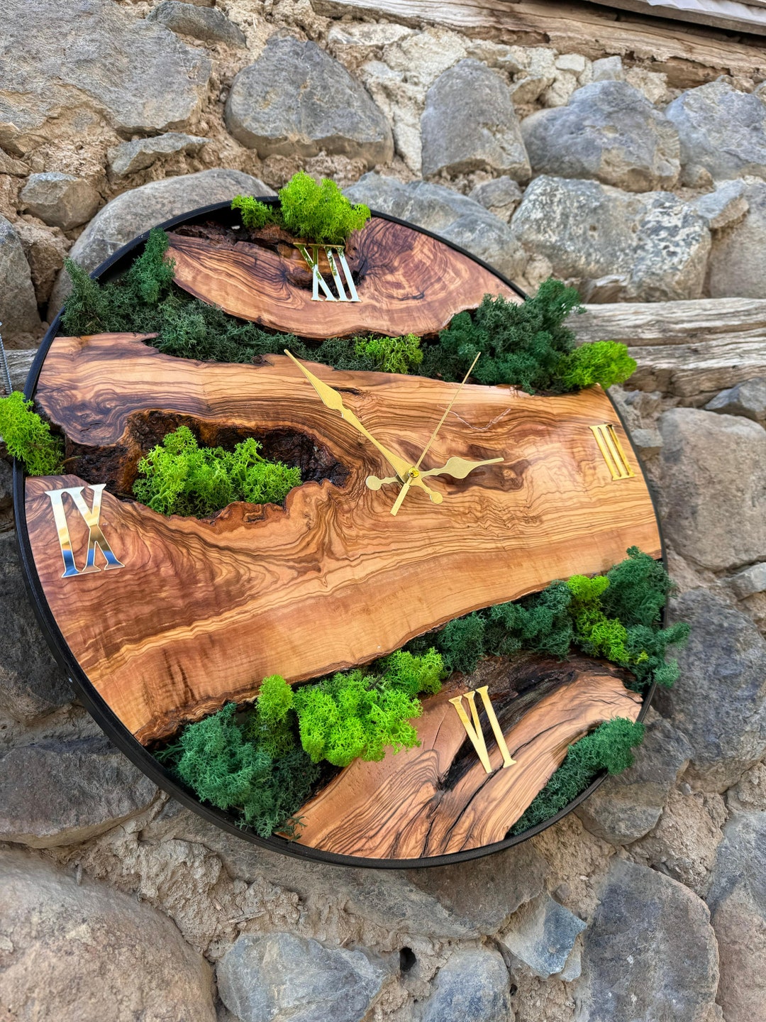Vertical Garden With Live Moss, Rustic Wood Slice Wall Clock With Wood ...
