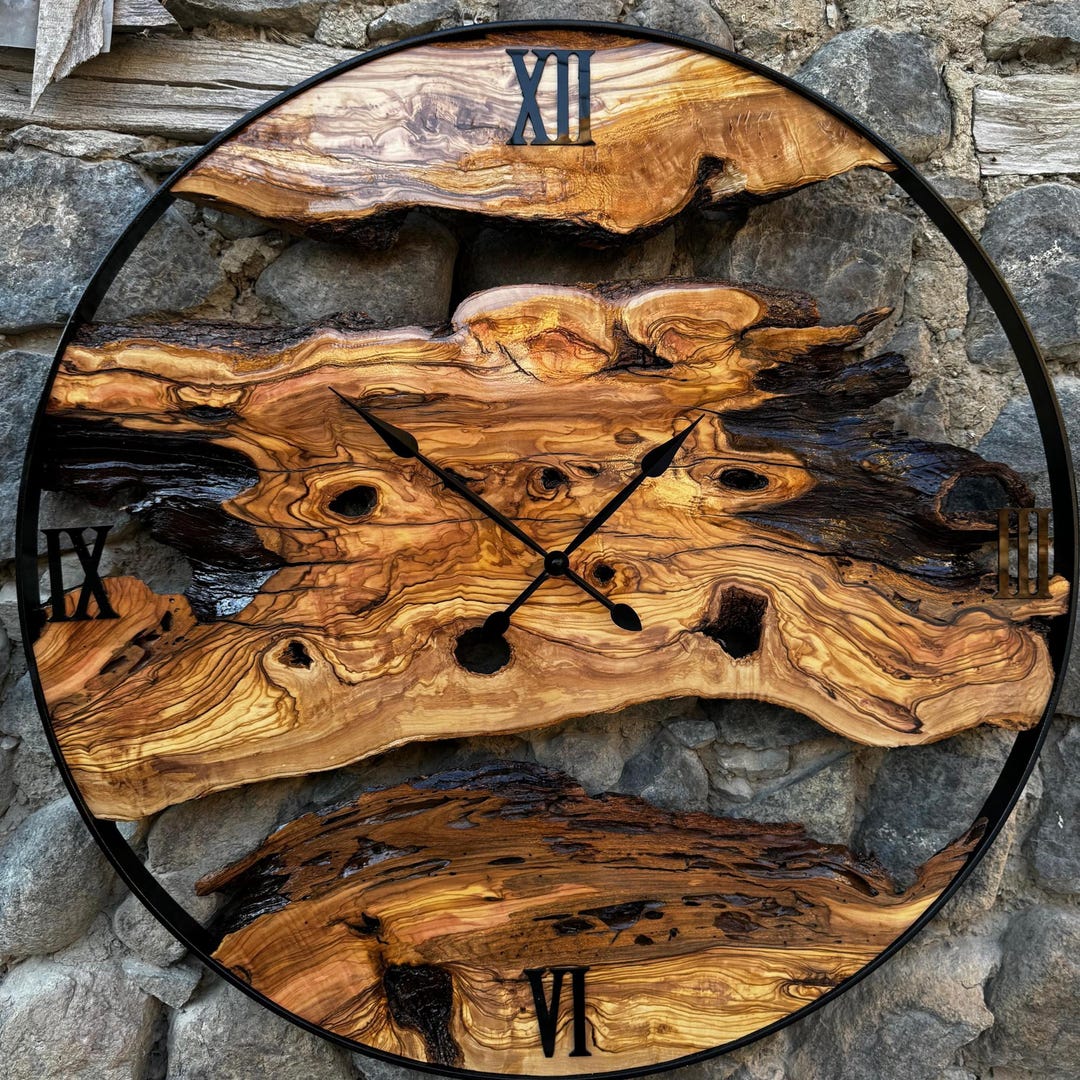 Natural Olive Wood Large Wall Clock Black Metal Frame, Farmhouse Style ...