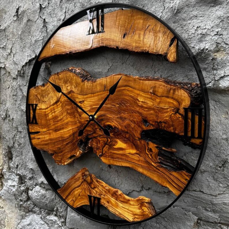 Unique Gift, Live Edge Rustic Clock, Made to Order Metal & Olive Wood ...