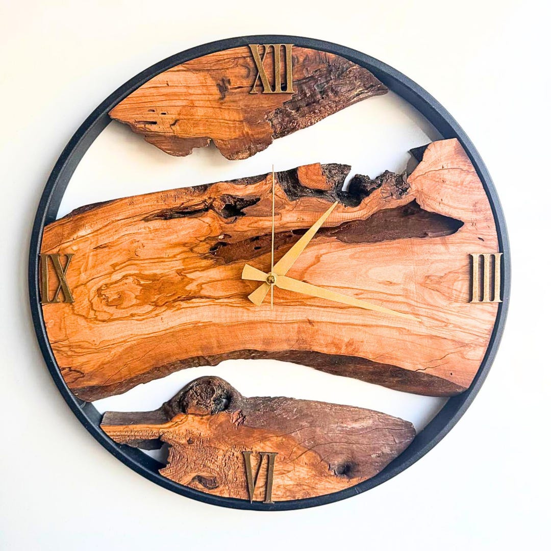 Gold Numbers Oversized Wall Clock, Live Edge Wooden Large Wall Clock ...