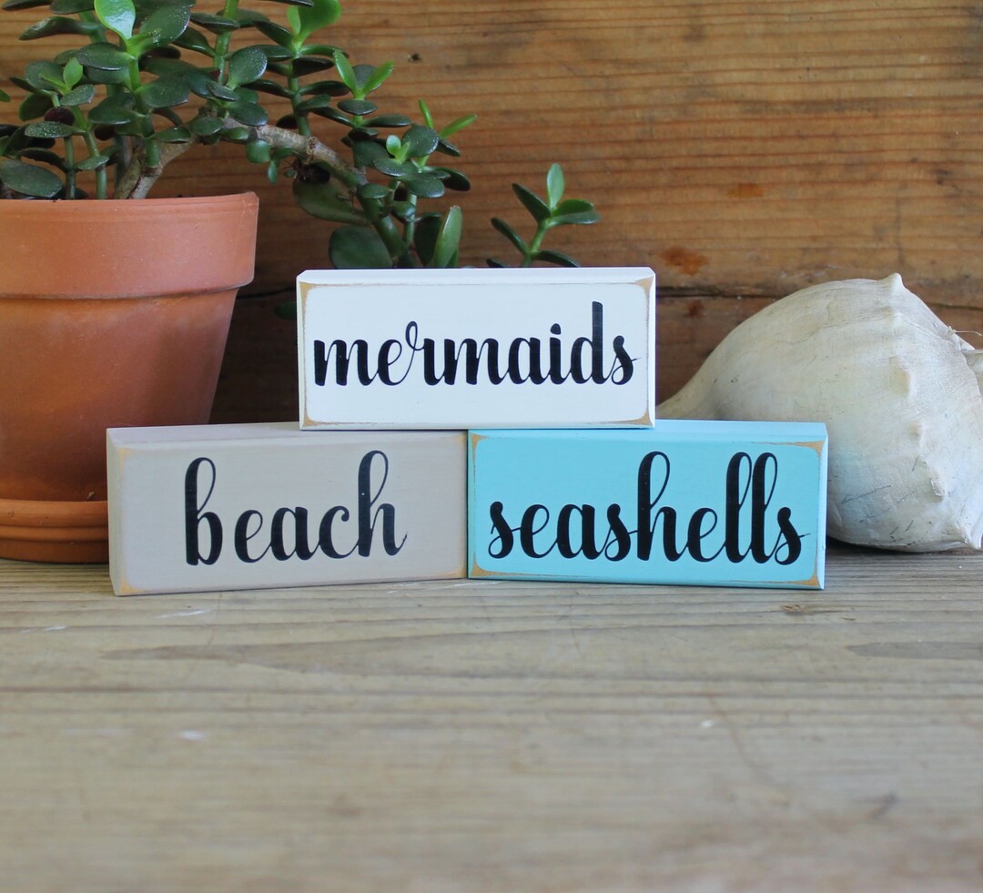 Beach Sign Mini Shelf Sitter Blocks Mermaids Beach Seashells Stacking ...