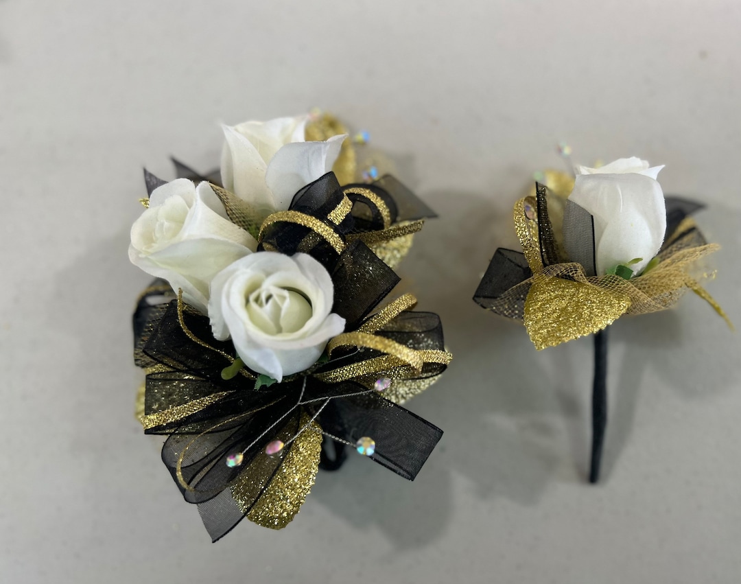 Black Gold White Rose Corsages & Boutonnières | Prom Wedding ...