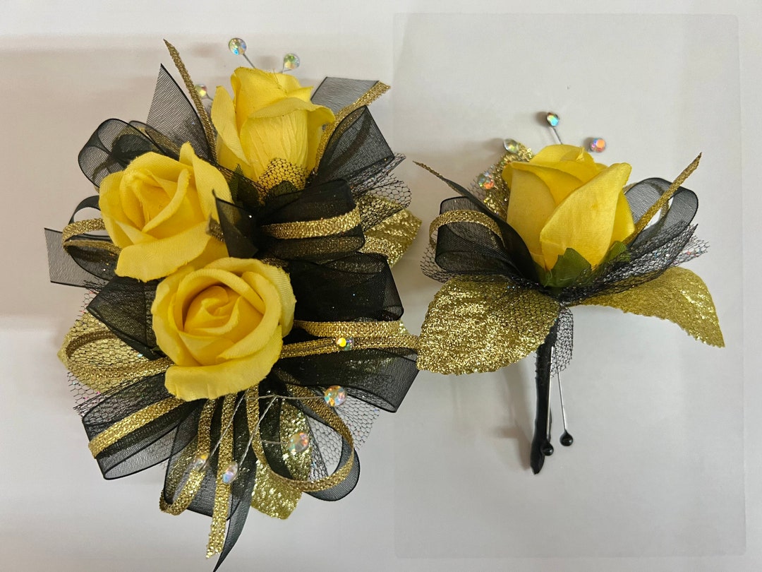 Yellow Rose Black Corsages & Boutonnieres Wedding Prom Anniversary ...