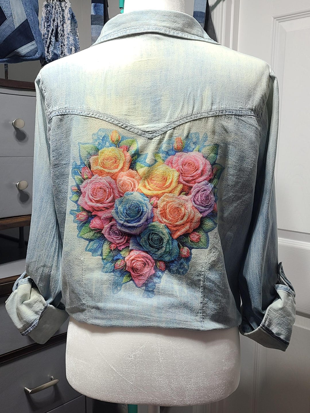 Soft Denim Shirt | Beautiful Colorful Rose Graphics | One of a Kind ...
