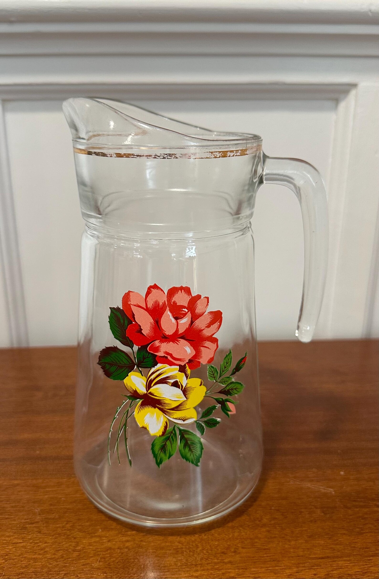 Vintage Glass Pitcher With Roses With Gold Band - Etsy