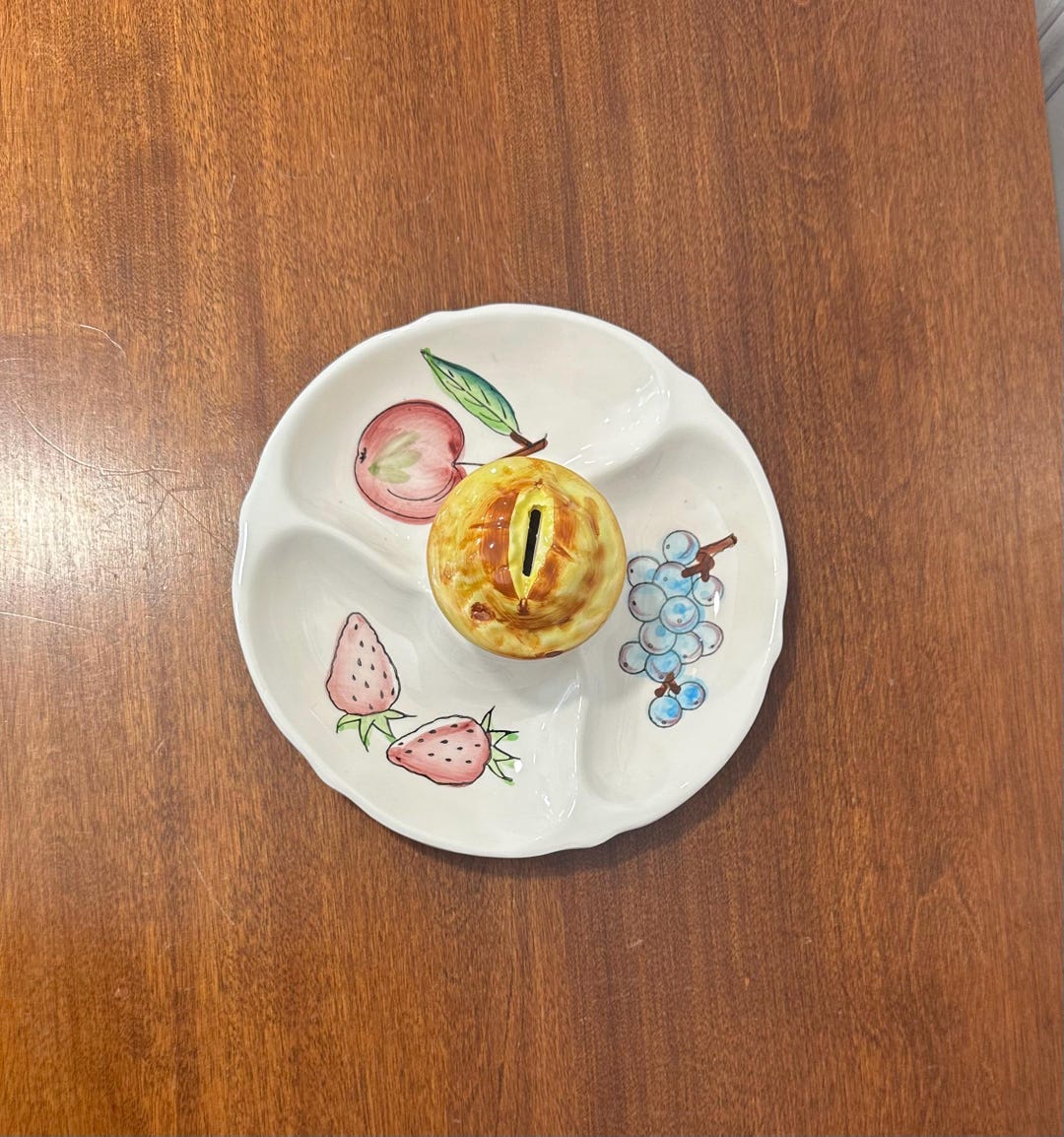 Vintage Appetizer Divided Dish, Hand Painted With Fruit and a Muffin to ...