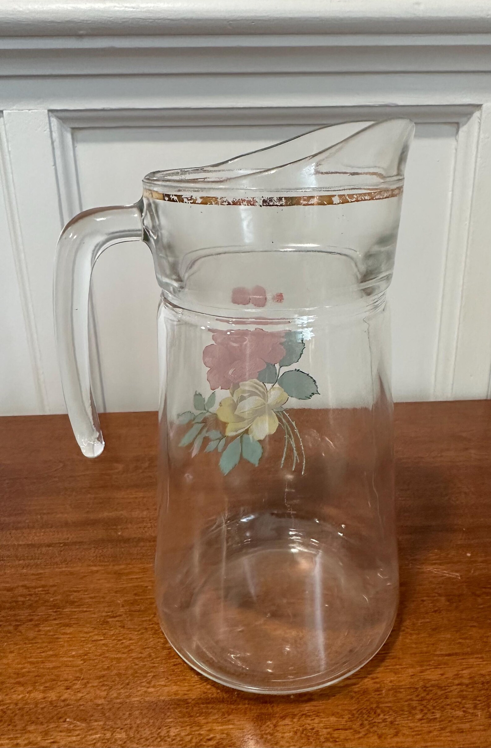 Vintage Glass Pitcher With Roses With Gold Band - Etsy