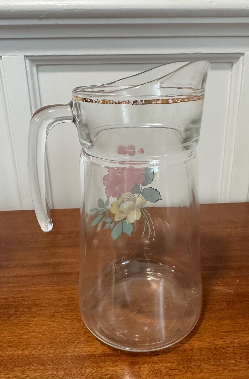 Vintage Glass Pitcher With Roses With Gold Band - Etsy