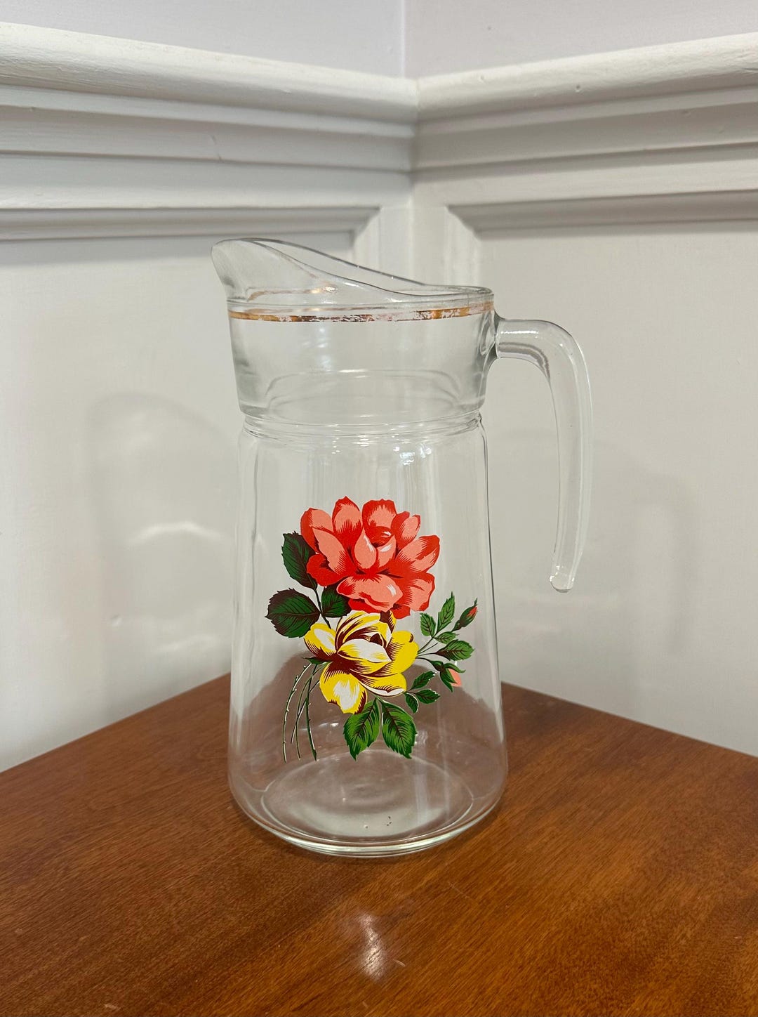 Vintage Glass Pitcher With Roses With Gold Band - Etsy