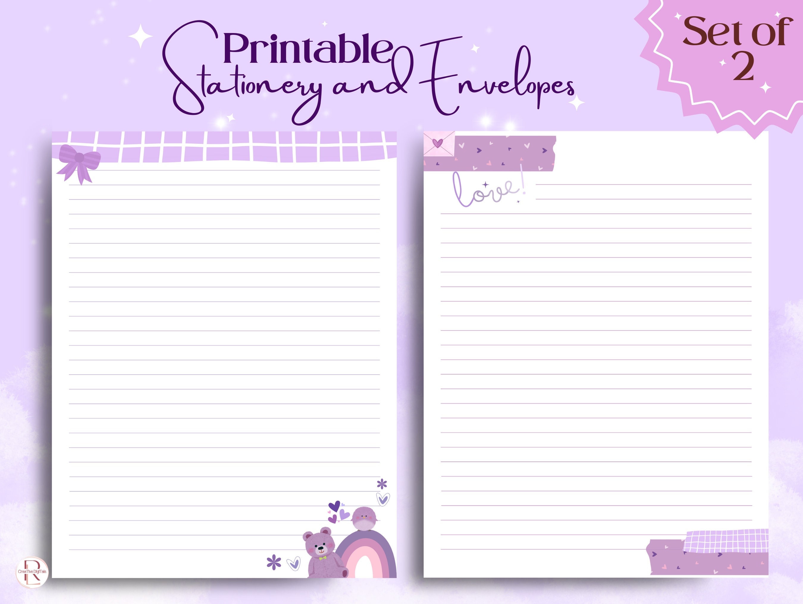 Printable Cute Purple Stationery With Envelop A4 and US Letter 8.5 X11 ...