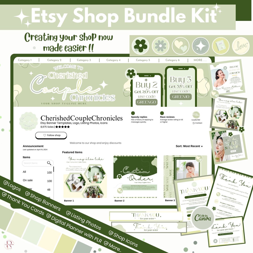 Etsy Shop Kit Green Branding Banner Templates | Etsy Store Banner, Logo ...