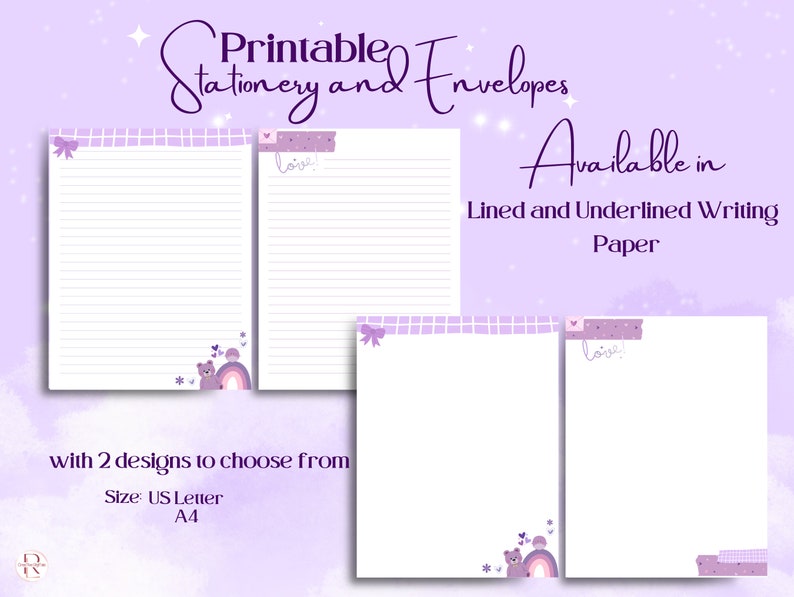 Printable Cute Purple Stationery With Envelop A4 and US Letter 8.5 X11 ...