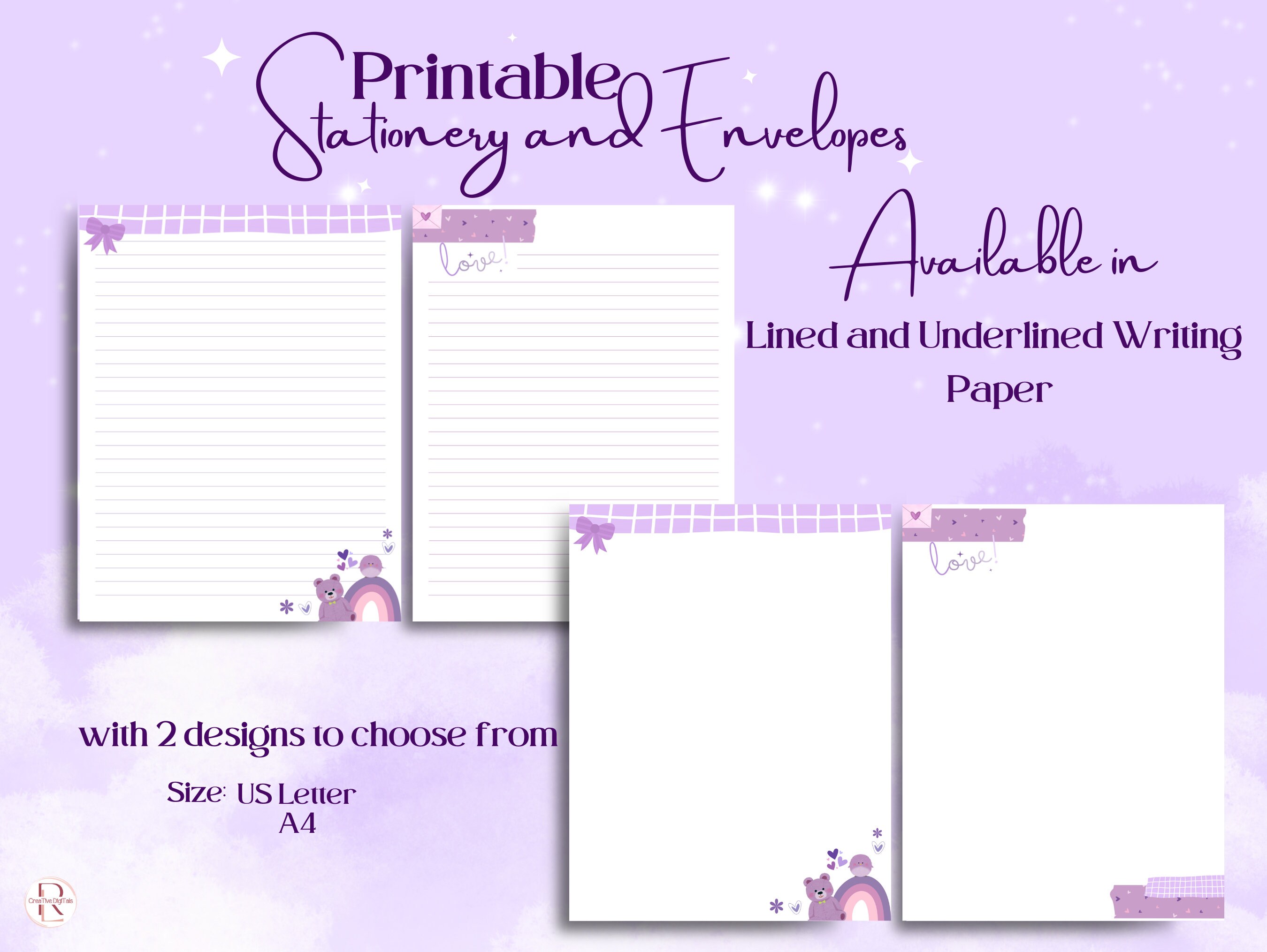 Printable Cute Purple Stationery With Envelop A4 and US Letter 8.5 X11 ...