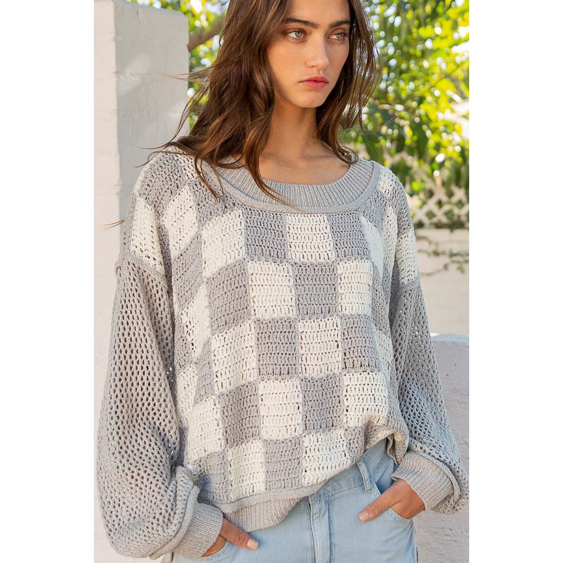 Catching Feelings Checkered Sweater in Grey/white - Etsy
