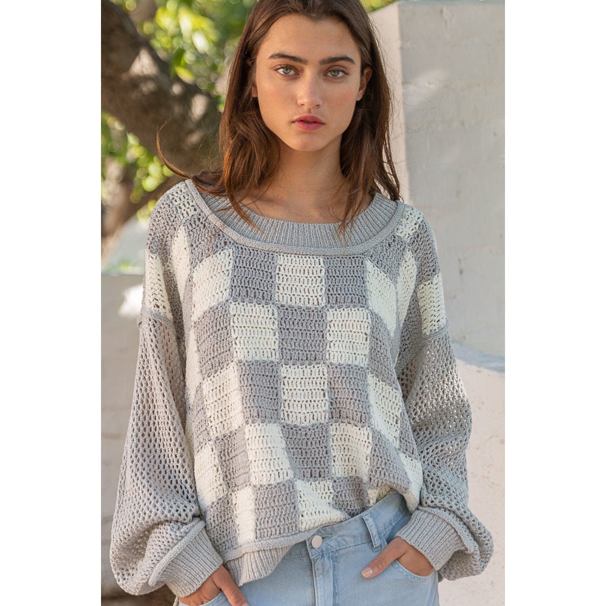 Catching Feelings Checkered Sweater in Grey/white - Etsy