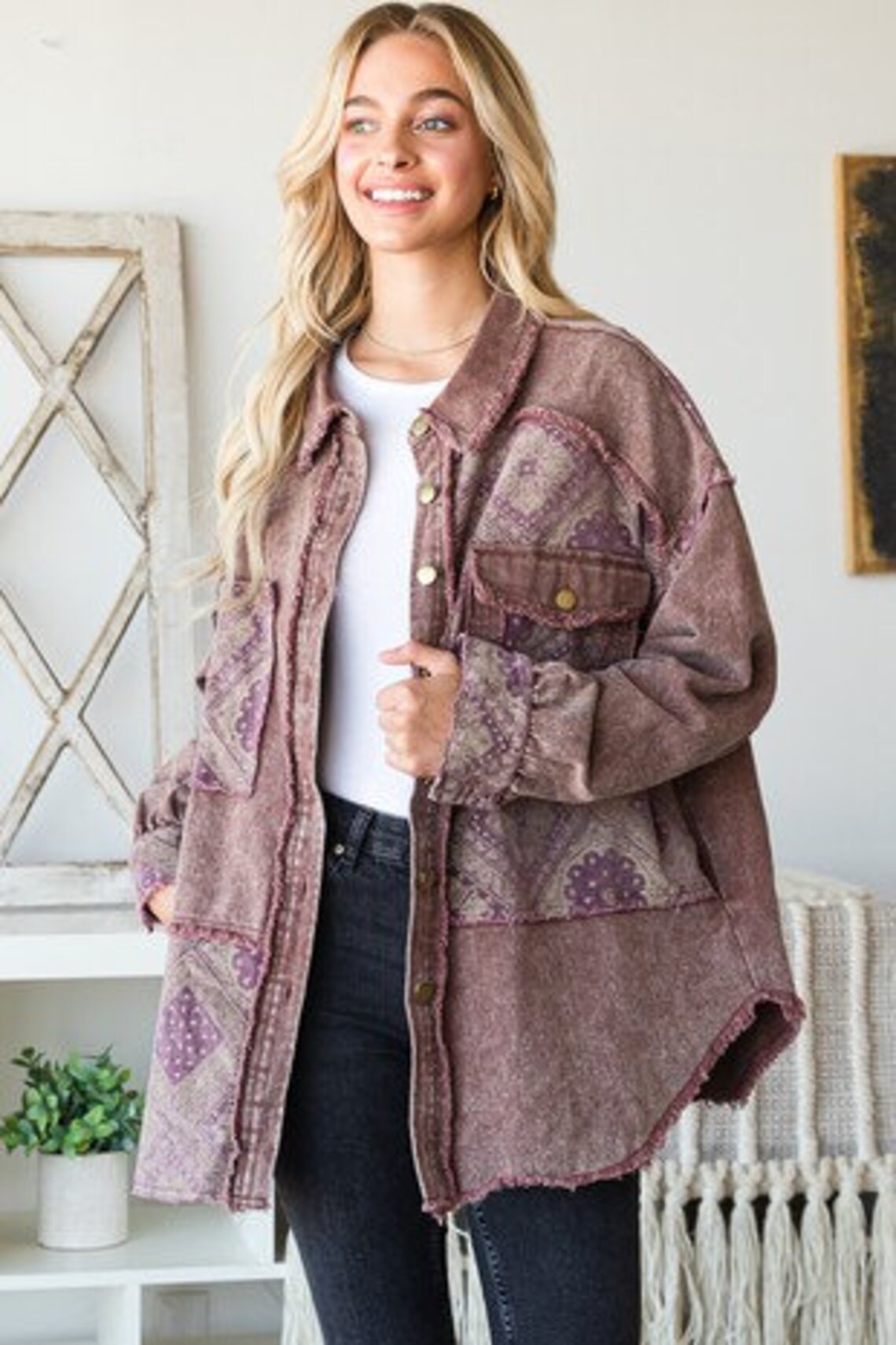 Peace Out Mineral Washed Button up Shacket in Plum - Etsy